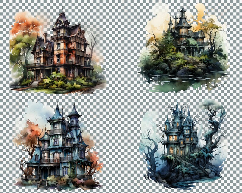 Haunted Mansion Clipart Bundle Watercolor Halloween PNG - Etsy