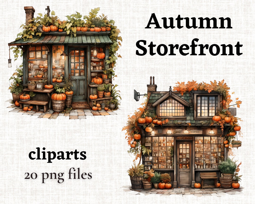 Watercolor Storefront Clipart Bundle, Cozy Autumn Clipart, Autumn Shop ...