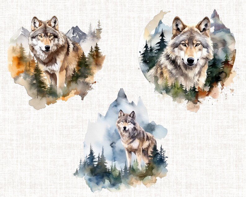 Wolf Clipart Bundle Mountain Wolf PNG Watercolor Mountain - Etsy