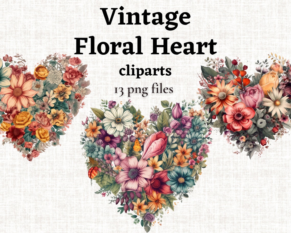 Watercolor Floral Heart Clipart Vintage Floral Clipart - Etsy