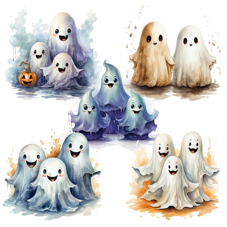 Cute Ghost Clipart Watercolor Halloween Ghost Spooky Collage - Etsy