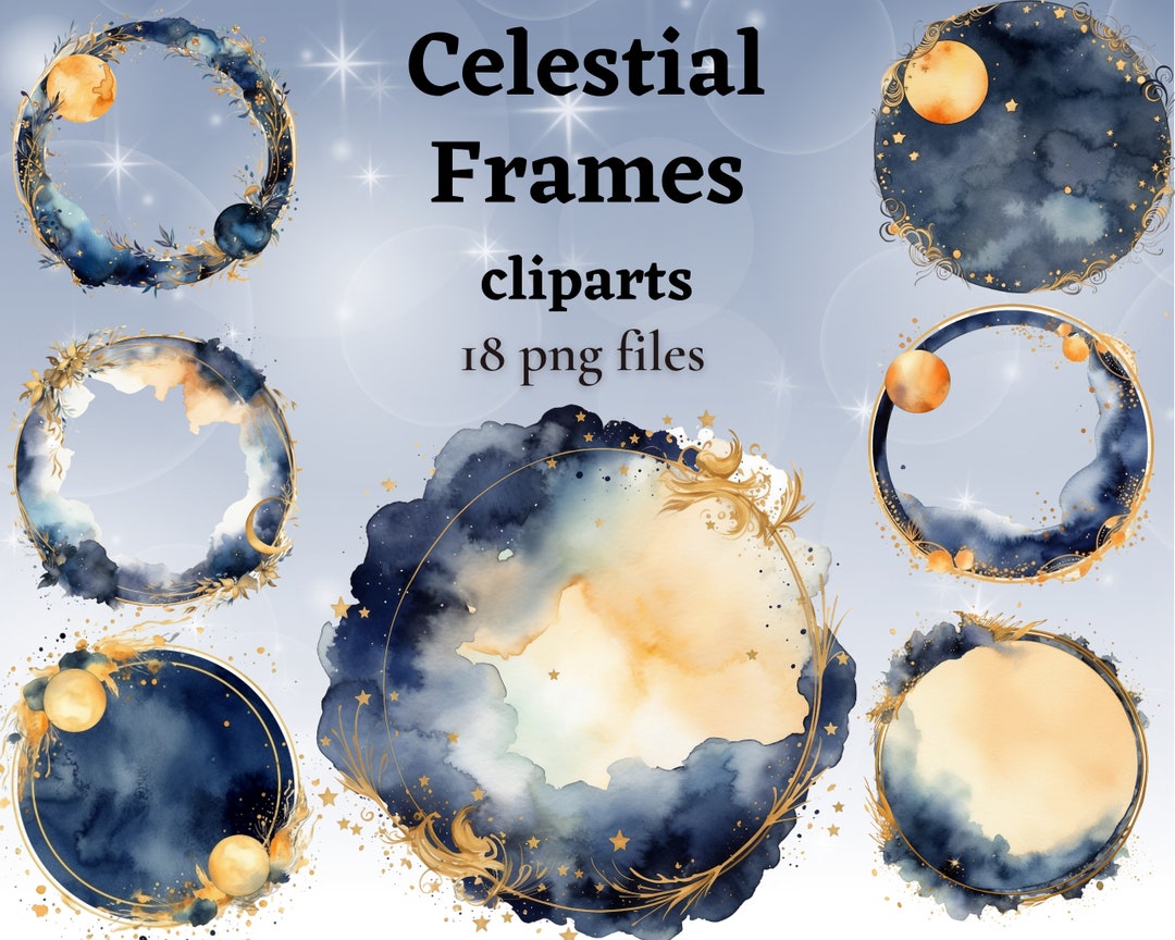 Watercolor Celestial Frame Clipart Bundle, Gold and Navy Blue Stars and ...