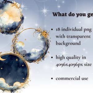 Watercolor Celestial Frame Clipart Bundle, Gold and Navy Blue Stars and ...