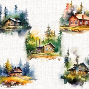 Log Cabin Bundle, Cabin in the Woods Clipart, Forest House PNG, Cabin Watercolor Clipart, Forest ...