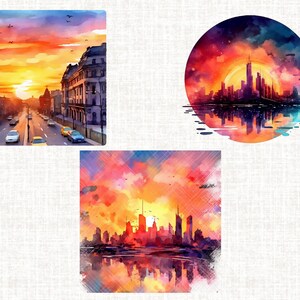 Sunset in the City Clipart Bundle, Watercolor City Sunset Images ...