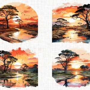 African Sunset Clipart, African Lanscape Clipart Bundle, Watercolor ...