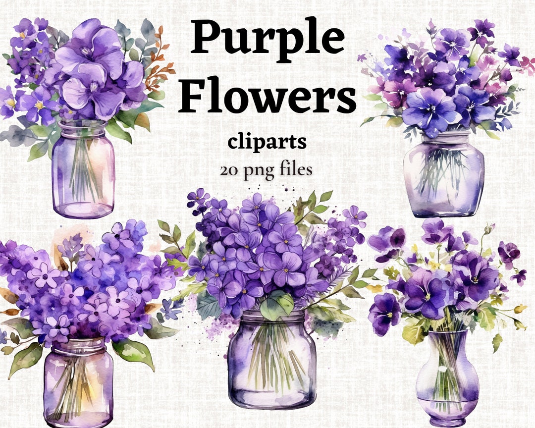 Purple Flowers PNG, Watercolor Purple Flowers in a Vase, Violet Flowers ...