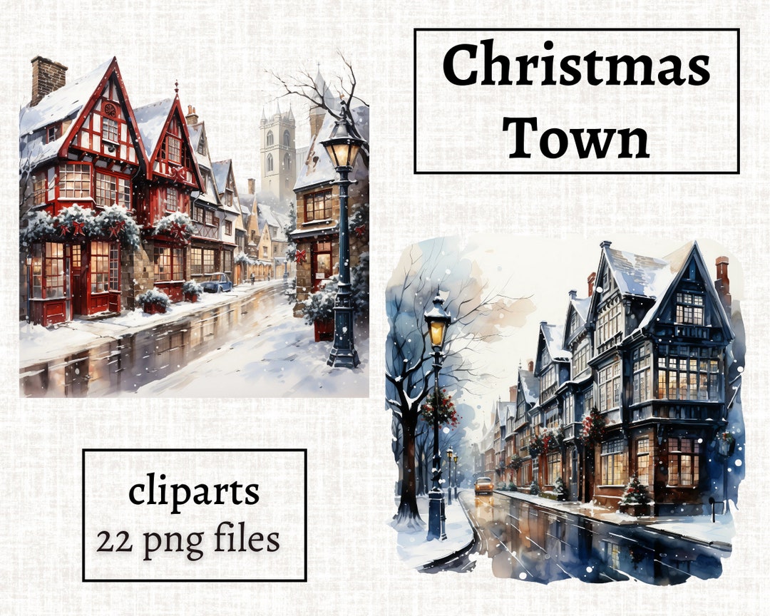 Christmas Town Clipart Bundle, Watercolor Christmas Village PNG, Winter ...