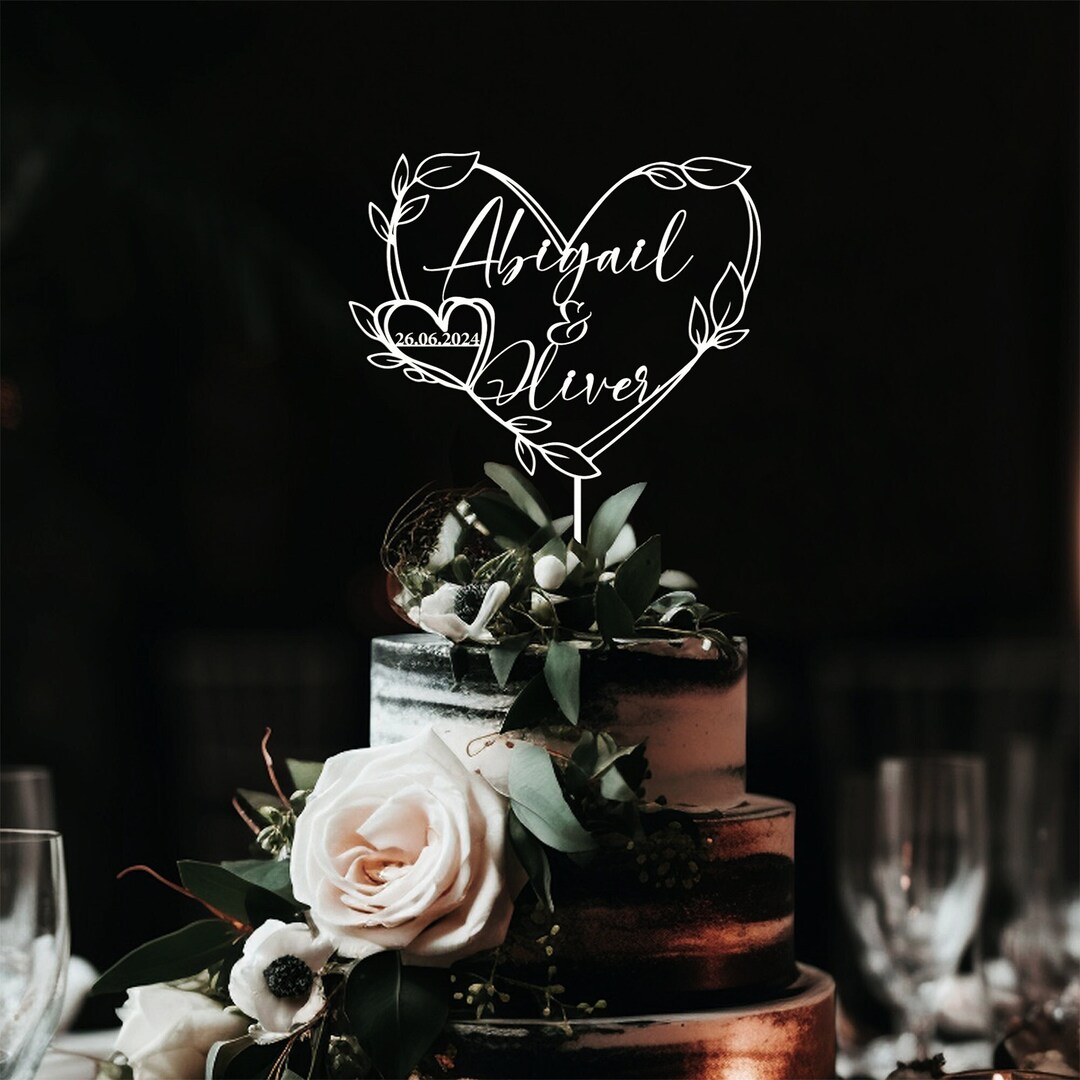 Gold Cake Topper With Heart and Two Names, Heart Cake Topper, Rustic ...