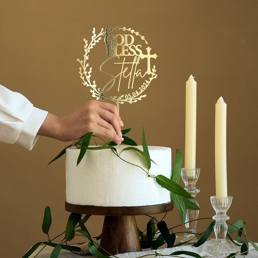 God Bless Cake Topper, Baptism Cake Topper, Wreath Christening Cake ...