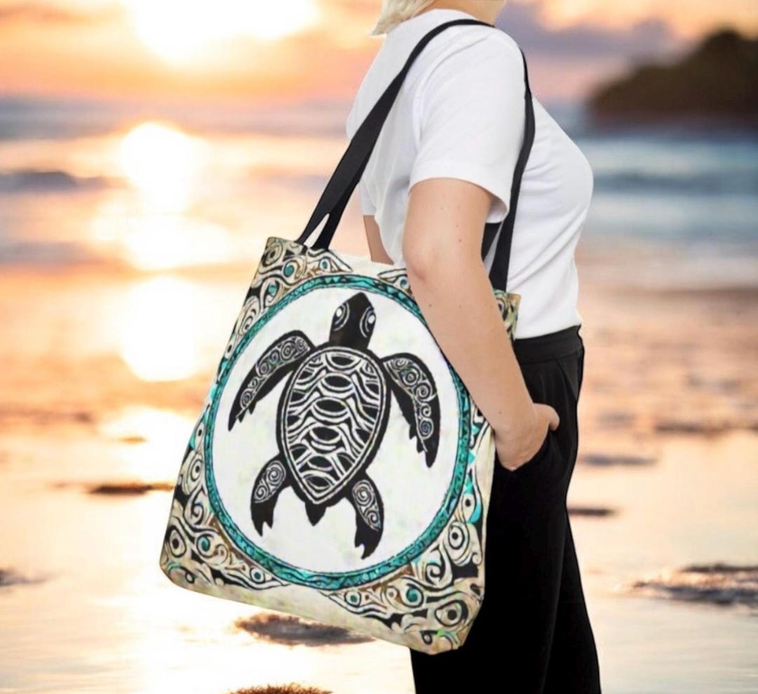 Polynesian Sea Turtle Tote Bag, Tribal Honu Ocean Design Beach Tote ...