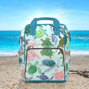 Colorful Sea Turtle Travel Backpack With Blue Straps, Coastal Beach Bag ...