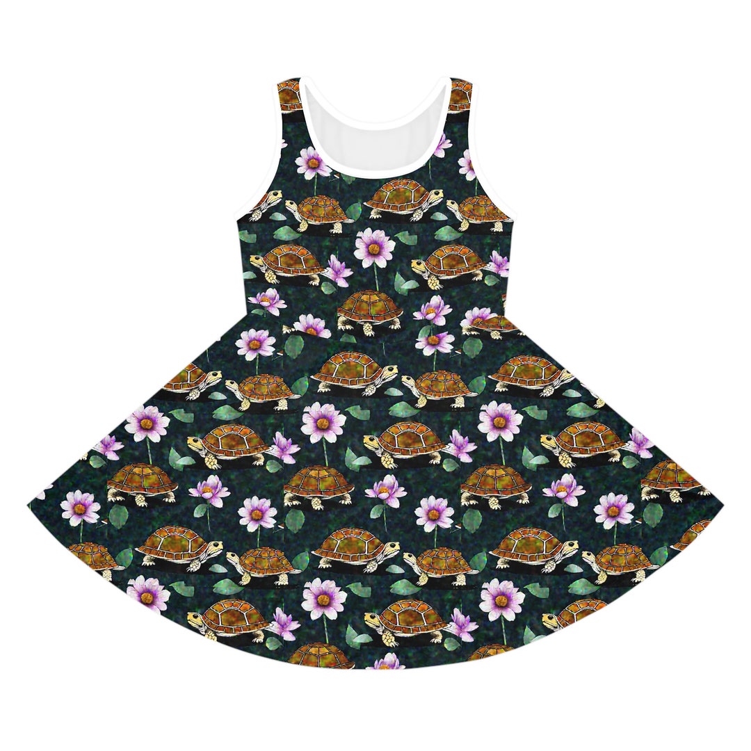 Floral Box Turtles Girls Sleeveless Sundress, Toddler & Girls Turtle ...