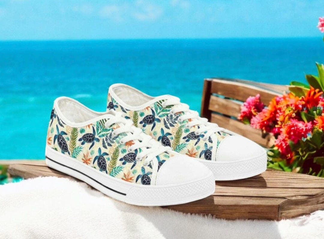 Tropical Sea Turtle Lace up Sneakers With Ocean Print, Beachy Nature ...