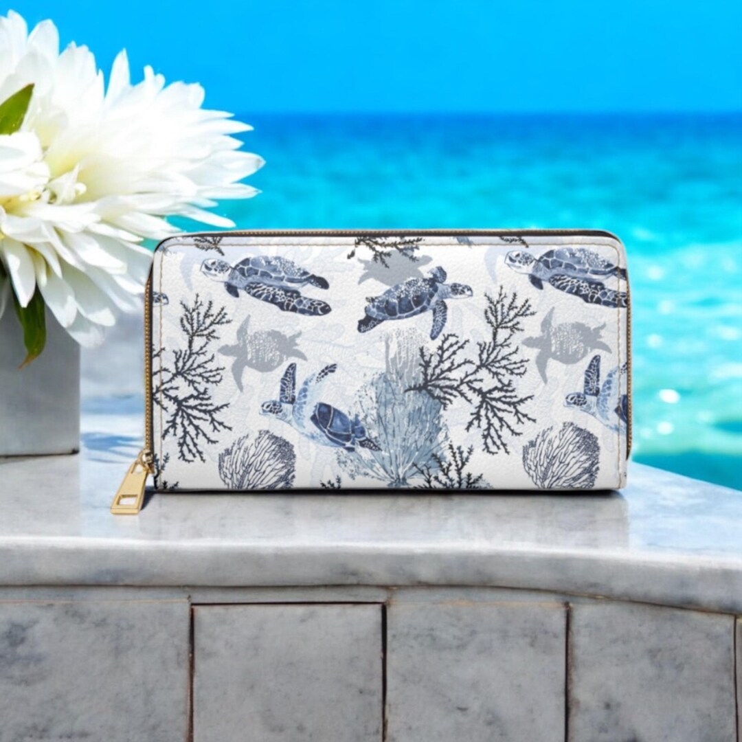 Blue Sea Turtle Print Wallet With Coral Reef Design – Coastal Ocean ...