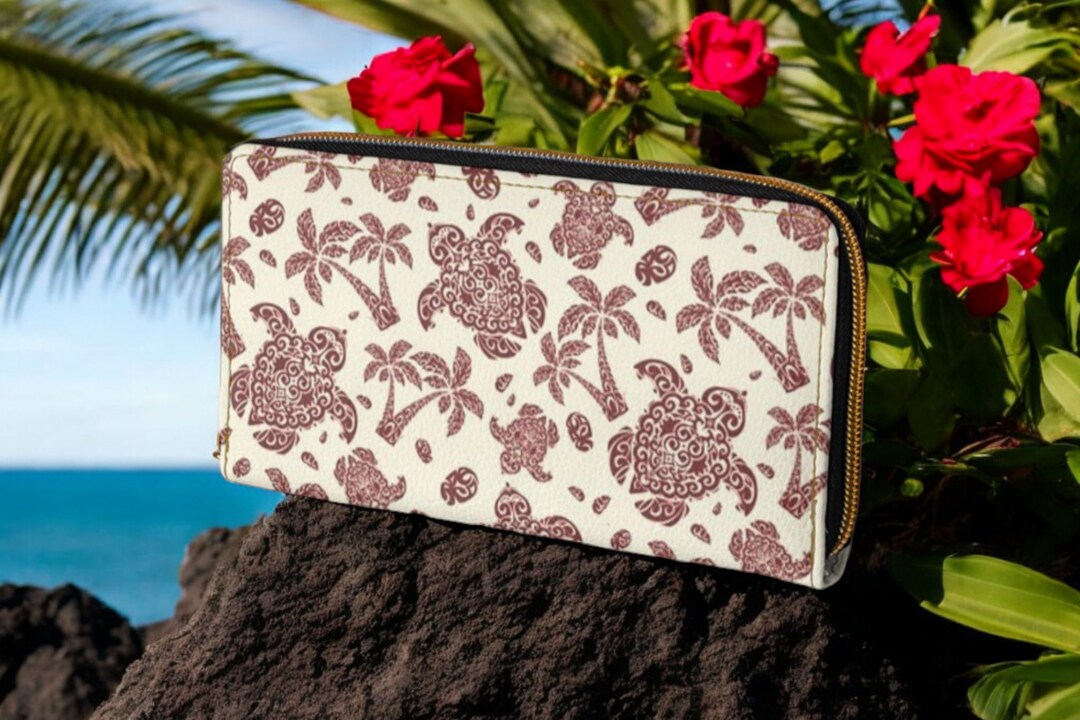 Tropical Zipper Wallet With Sea Turtle and Palm Tree Design, Beach ...