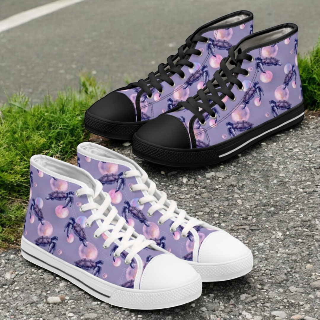 Purple Bubblegum Turtle Women's Sneakers, Cute Fun Turtle Print High ...