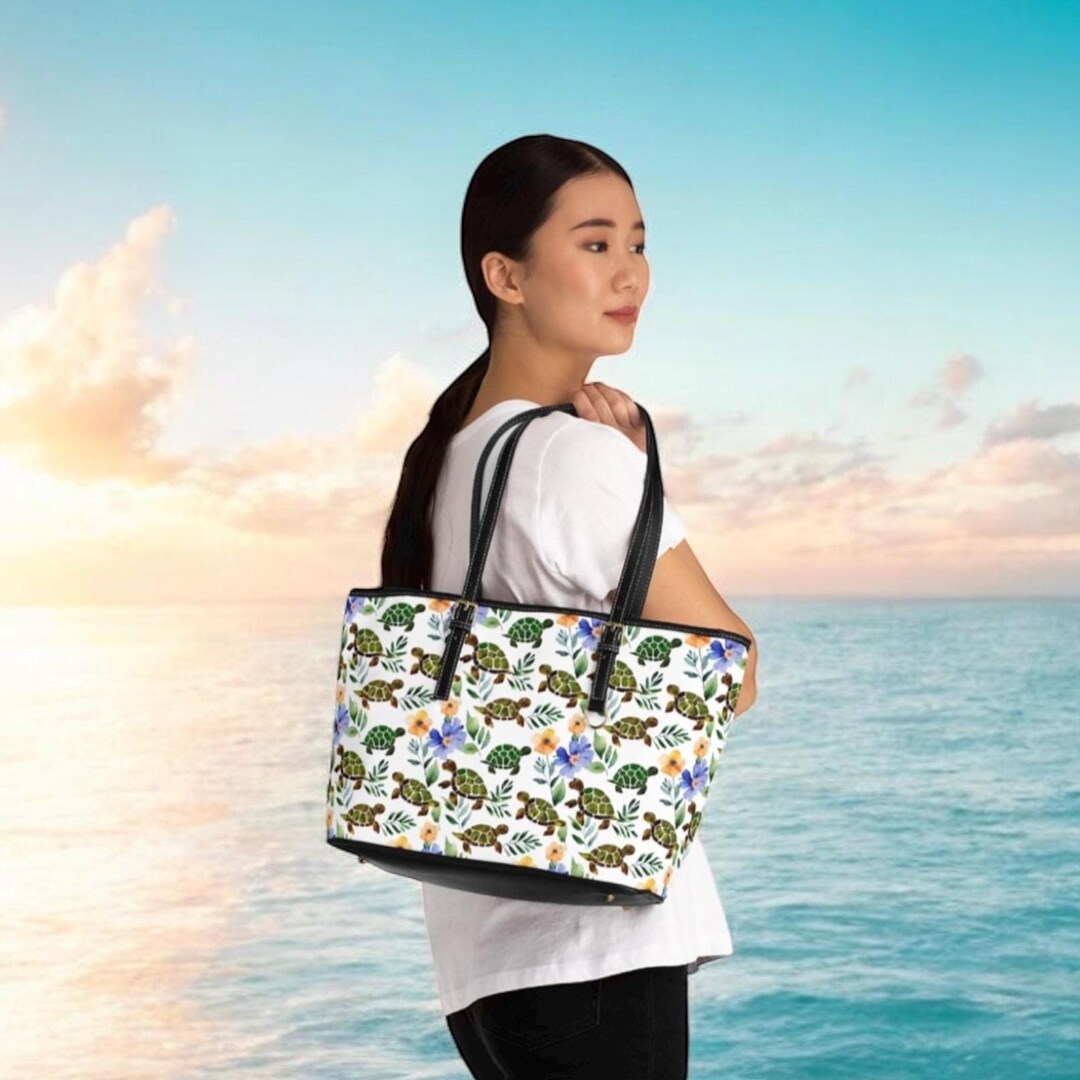 Turtle Sea Turtle Zip Top Tote Bag for Women, Floral Ocean Shoulder ...
