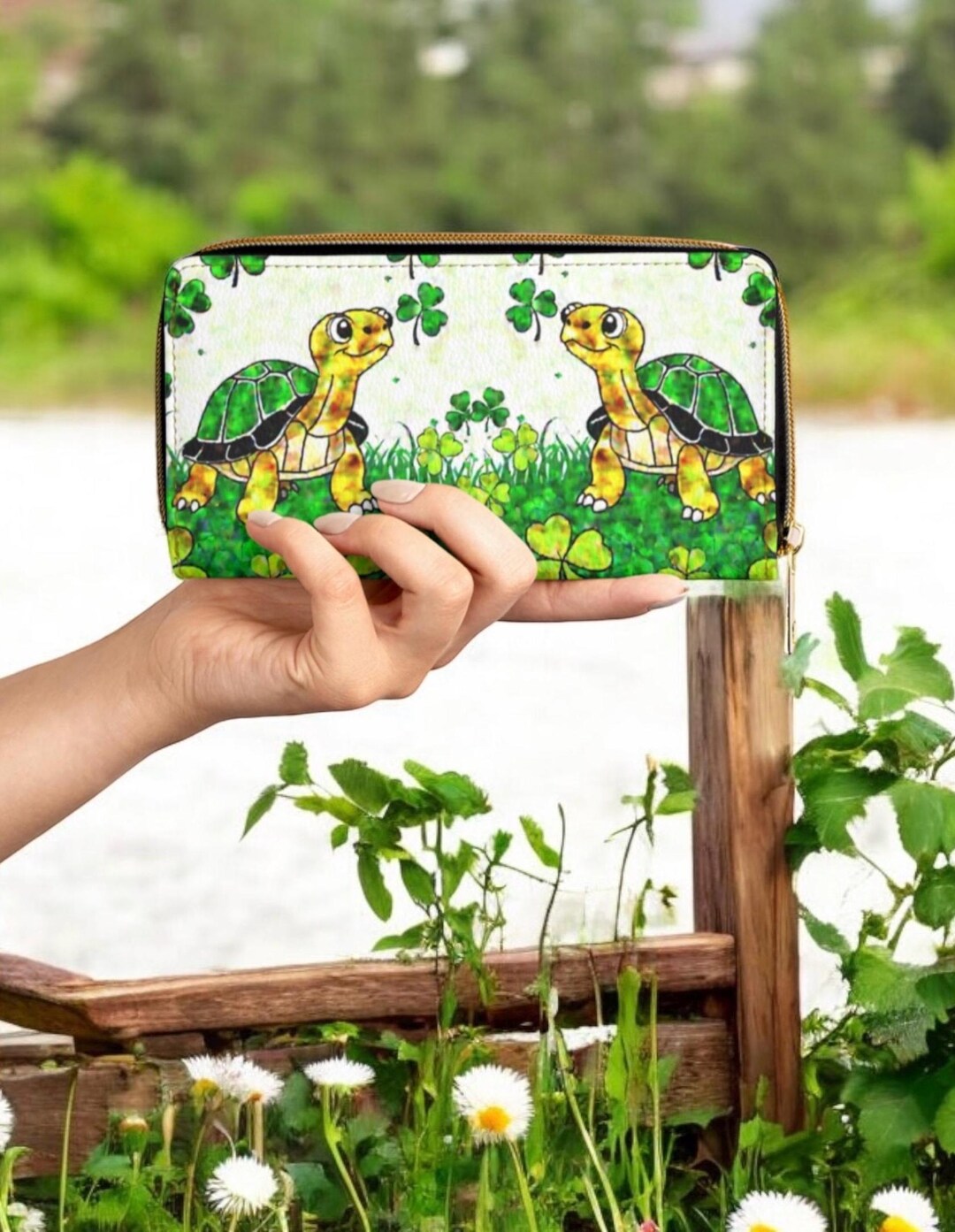 Lucky Shamrock Tortoises Womens Vegan Leather Large Long Zip Around ...