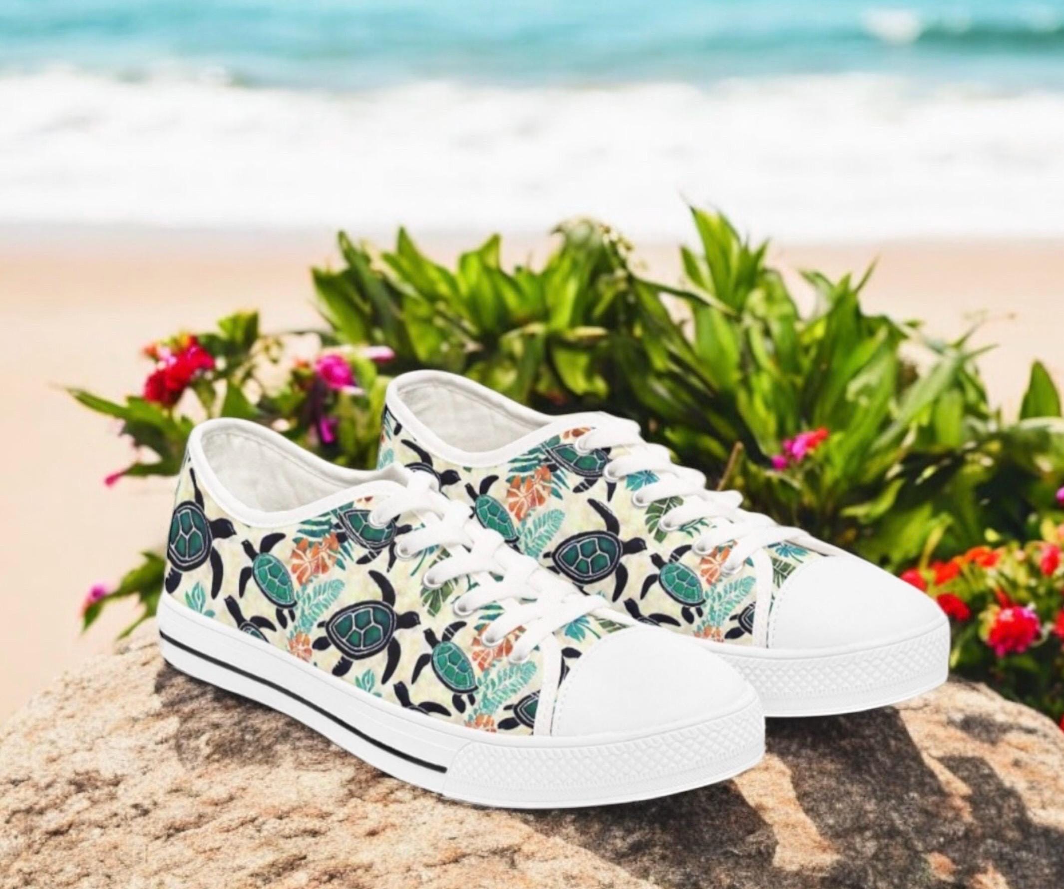 Sea Turtle Sneakers for Women - Coastal Marine Life Canvas Shoes - Cute ...