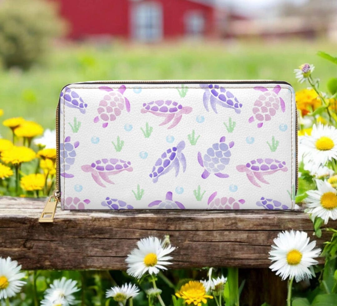 Pretty Pastel Sea Turtle Artistic Design, Womens Long Zip Around Wallet ...