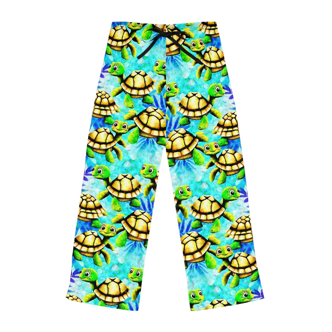 Blue Tie Dyed Box Turtles Women's Drawstring Pajama Pants, Women Turtle Pants, Box Turtle Lounge ...