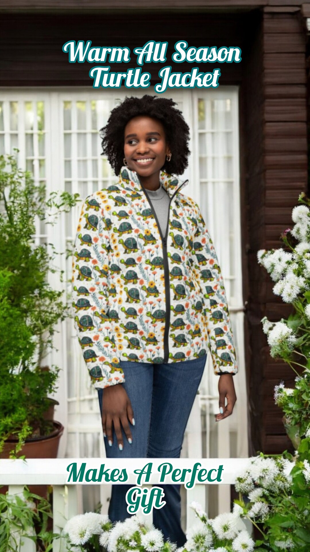 Adorable Floral Tortoise Womens Cute Comfy Winter Full Zip Puffer ...