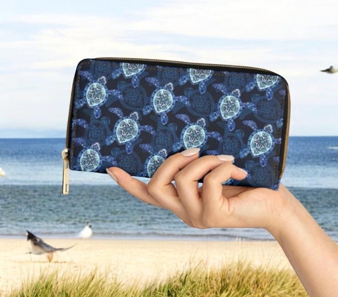 Blue Sea Turtle Wallet With Dark Ocean Design – Boho Marine Life Zip ...
