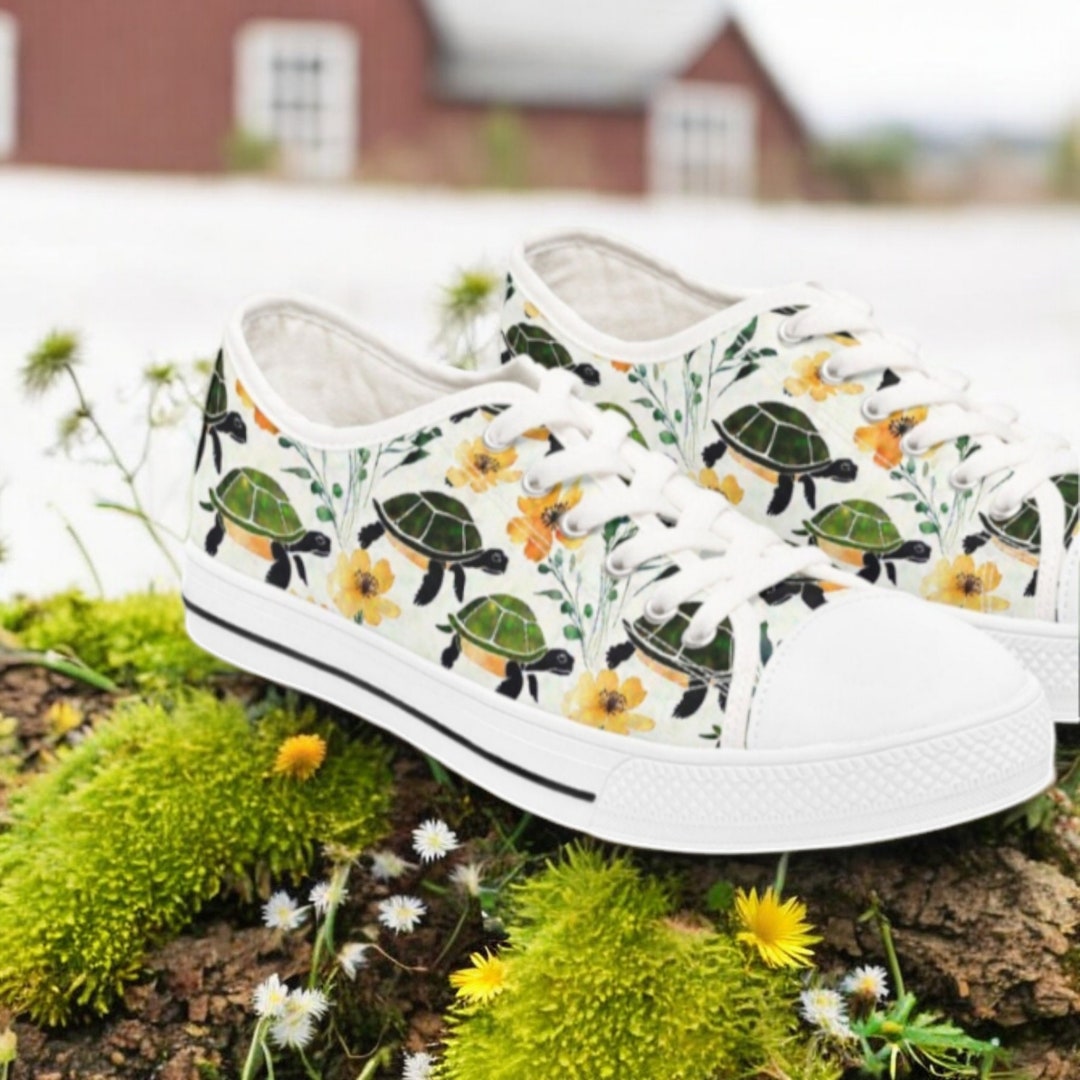 Turtle Sneakers for Women, Floral Turtle Canvas Shoes, Nature Inspired ...