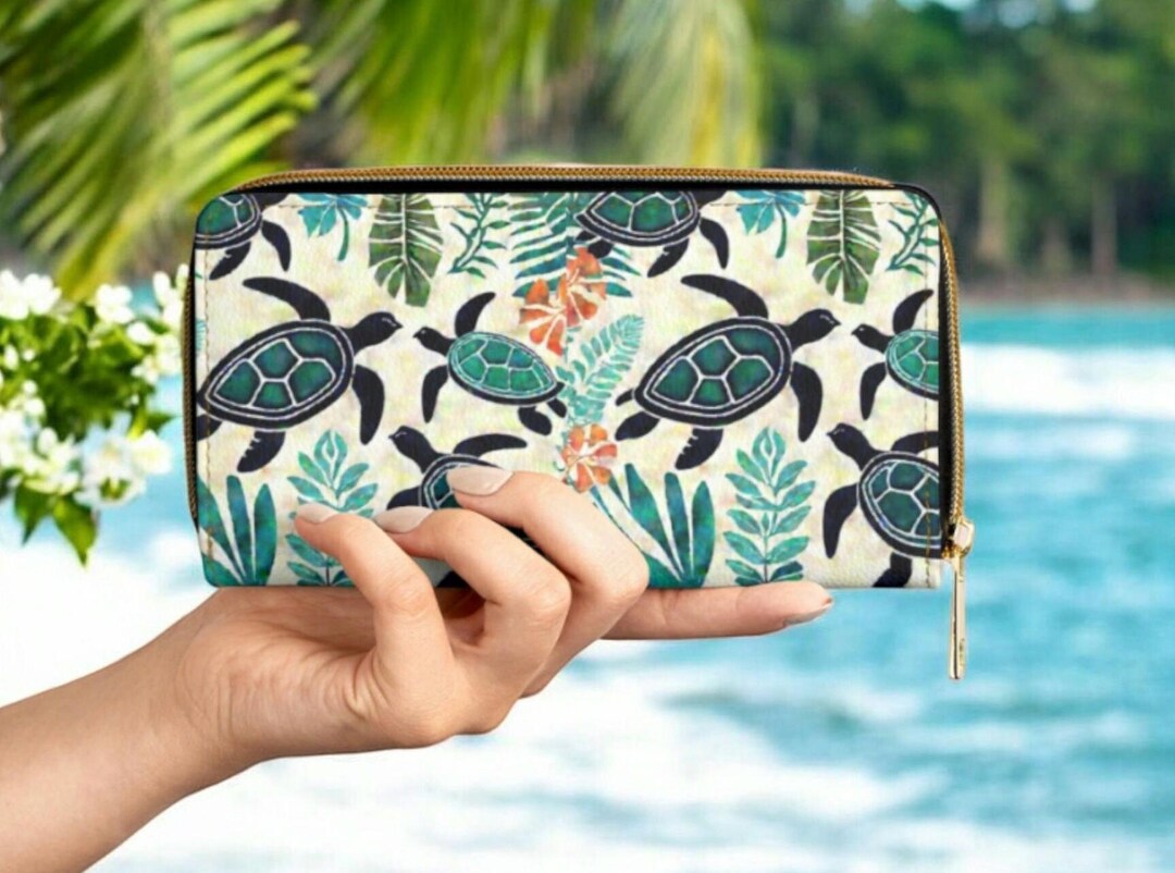 Tropical Sea Turtle Wallet for Women Vegan Leather Zip Around Purse ...