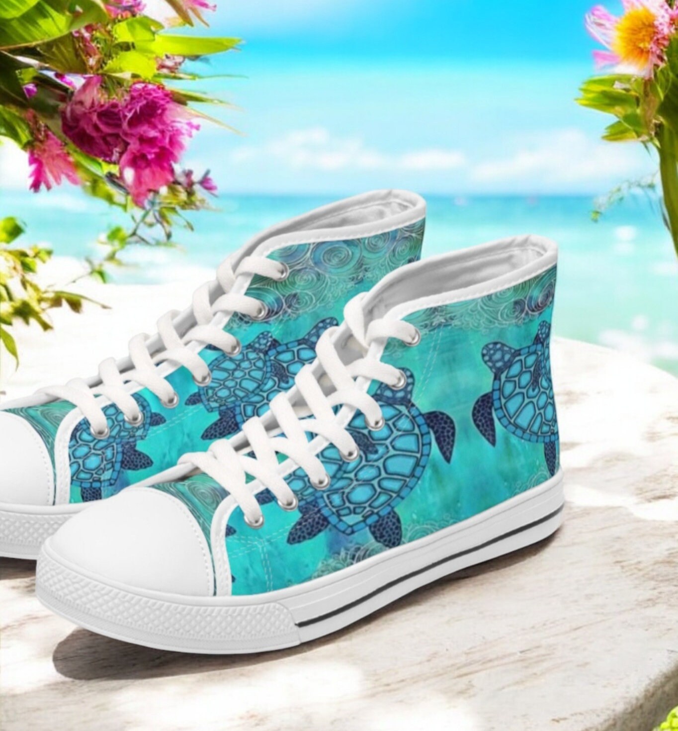 Blue Sea Turtle Women's High Top Sneakers, Converse Style, Custom Shoes ...