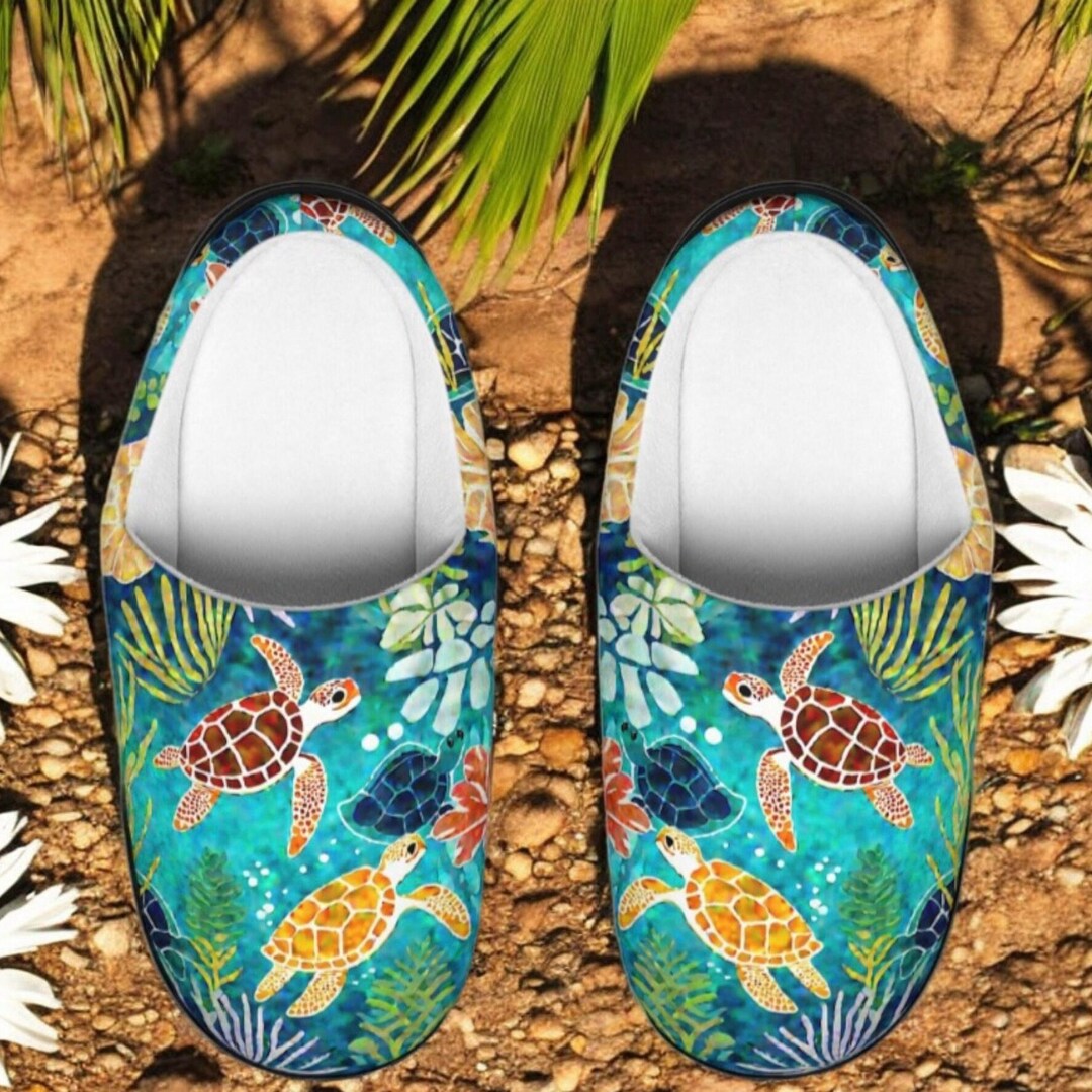 Slippers, Coastal Sea Turtle Design, Tropical Print, Terrapin Slipper ...