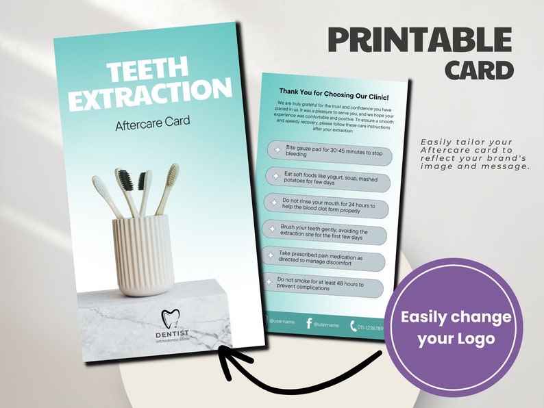Printable Aftercare Extraction Card, Editable Dental Extraction Guide ...