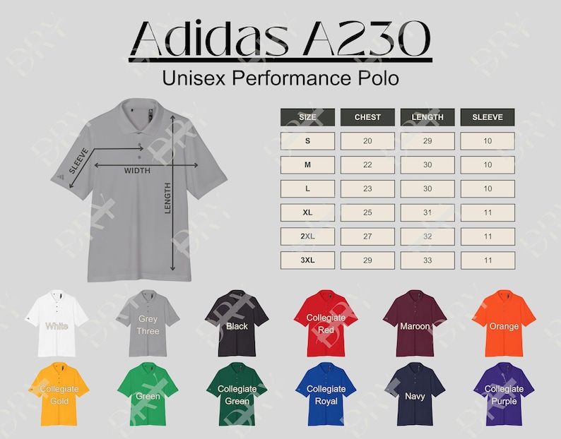 Adidas A230 Unisex Polo Size Chart: Chest, Length, Sleeves (digital ...
