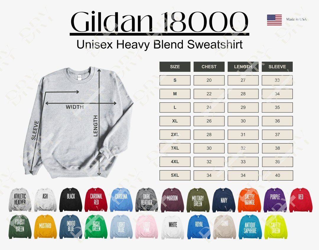 Gildan 18000 Size Chart With Color, Guide for Unisex Crewneck Sweater ...