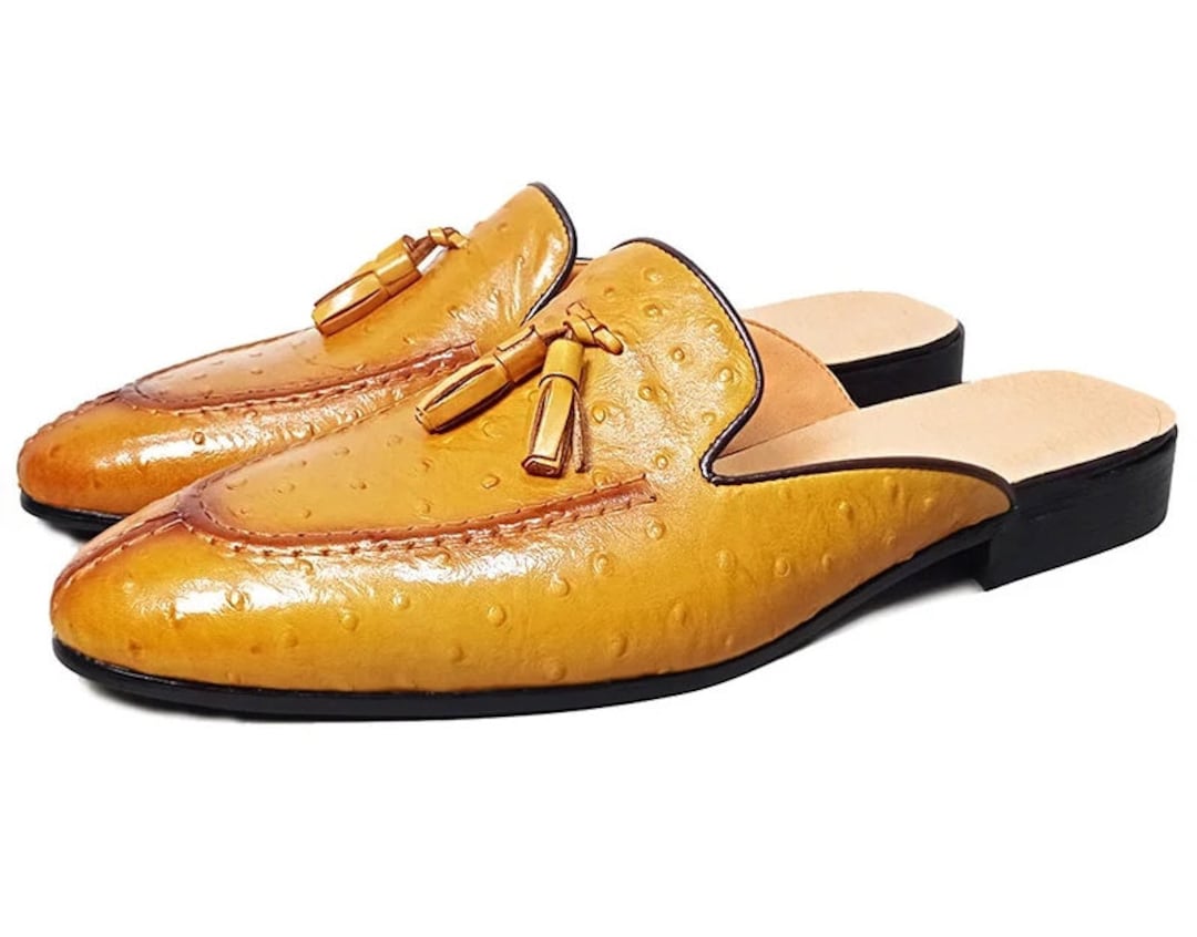 Ostrich Pattern Mustard Tan Apron Toe Penny Loafers With Tassel ...