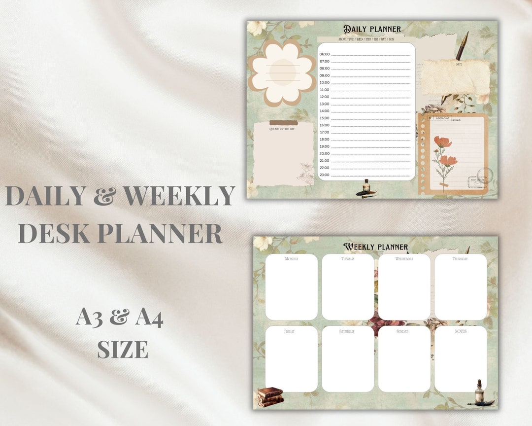 Vintage Desk Planner Landscape Printable Desk Planner Hourly Planner ...