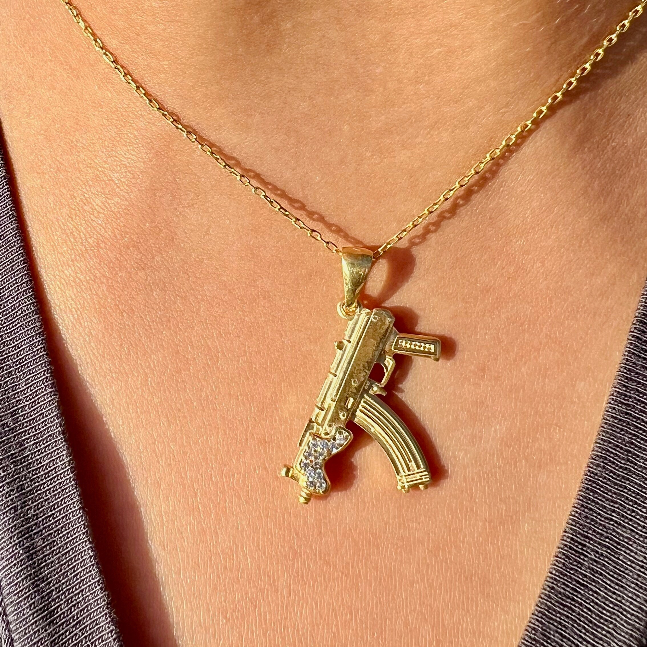 Silver Machine Gun Pendant, Machine Gun Necklace, Bold Jewelry, Gold ...