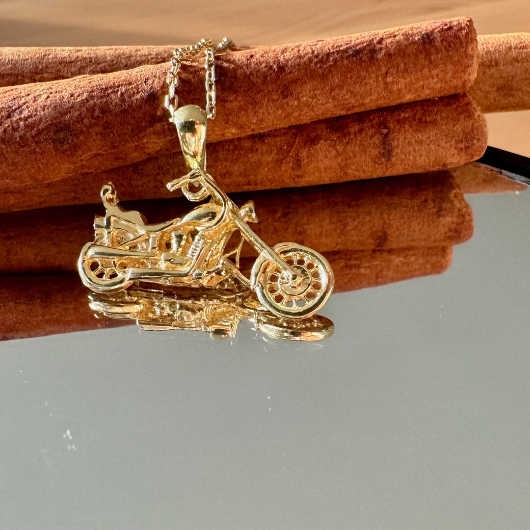 Sterling Silver 3D Chopper Motorcycle Necklace: Gold Motorbike Pendant ...