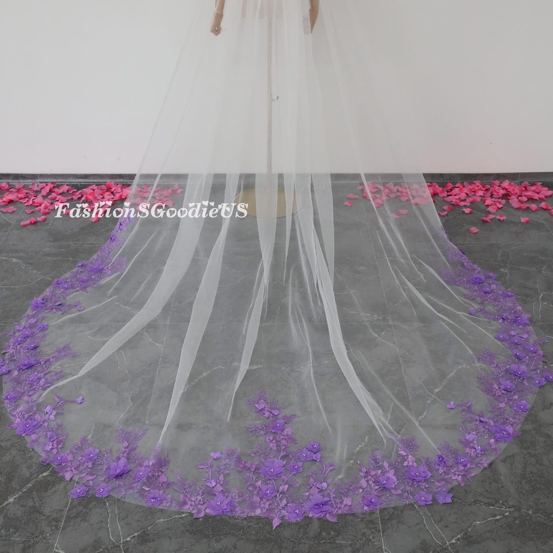 Violet Purple Wedding Veil, Purple Flowers With Pearls and Rhinestones ...