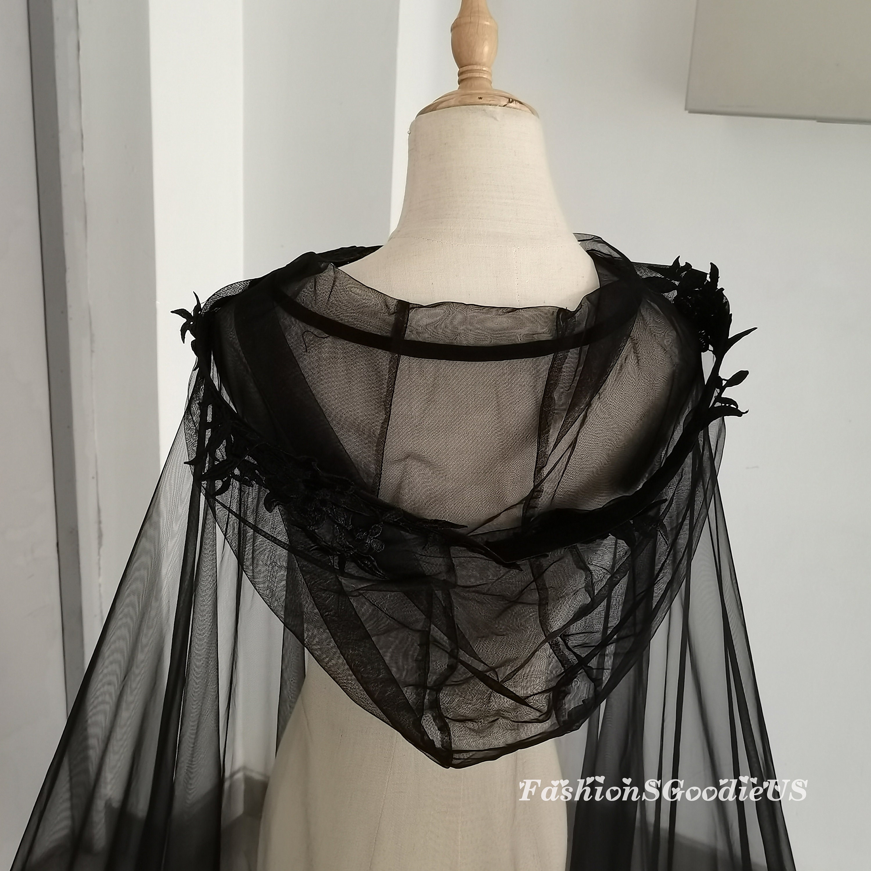 Black Flowers Wedding Cape Veil, Flower Lace Cape Veil With Hood, Black ...