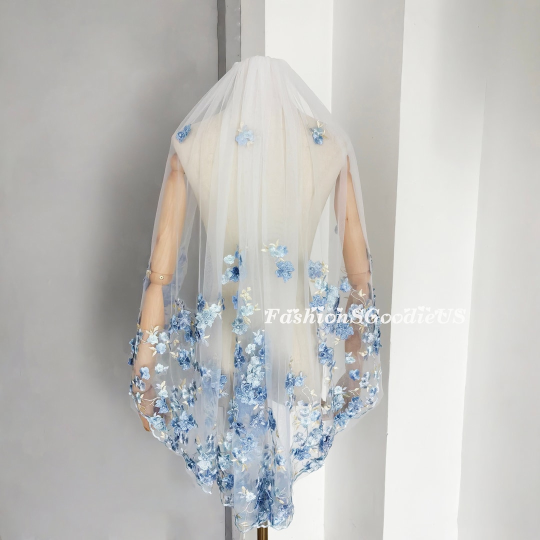 Soft Tulle Blue Flower Lace Wedding Veil, Blue Flowers With Pearls ...