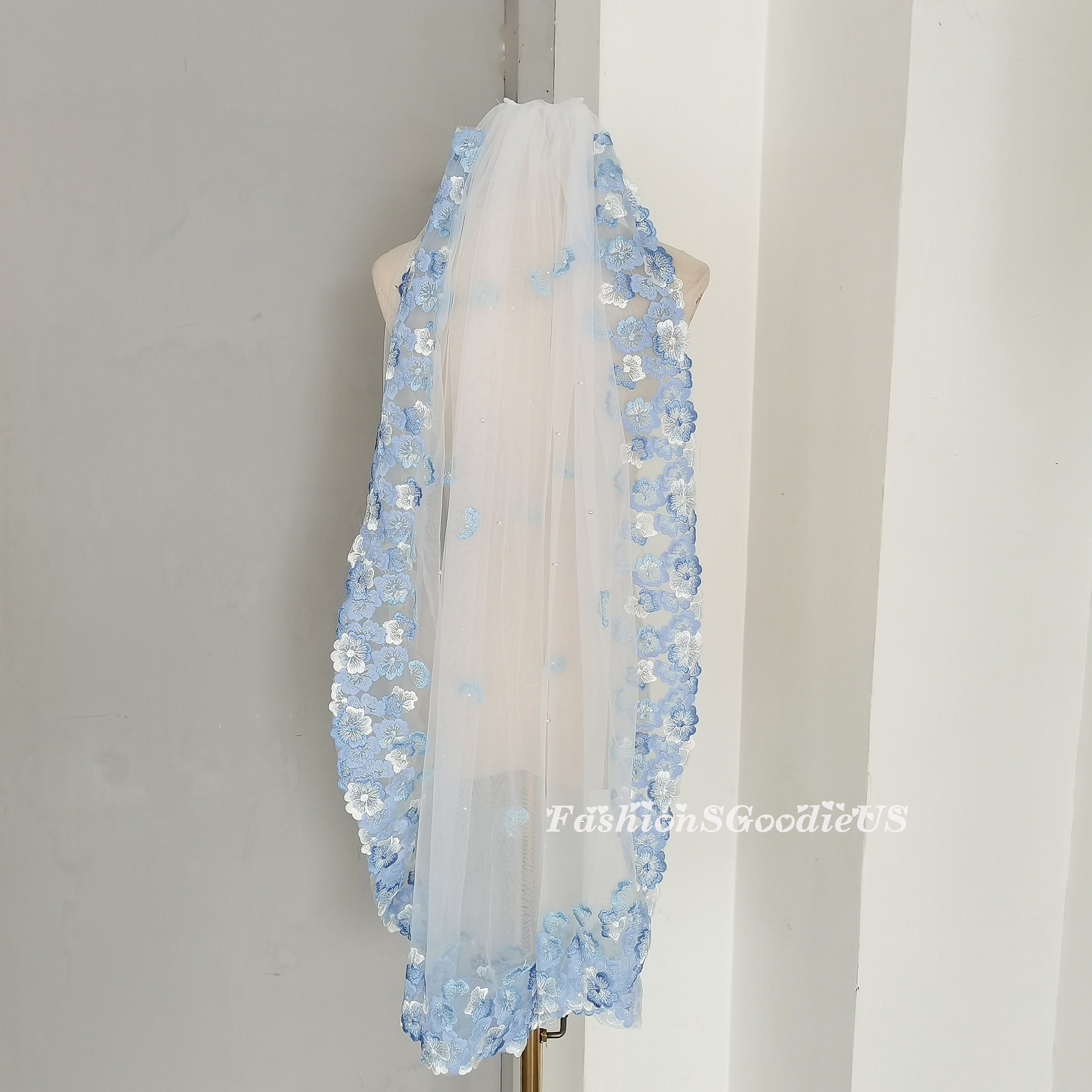 Blue Flowers Wedding Veil, Blue Floral Veil With Scattered Pearls ...