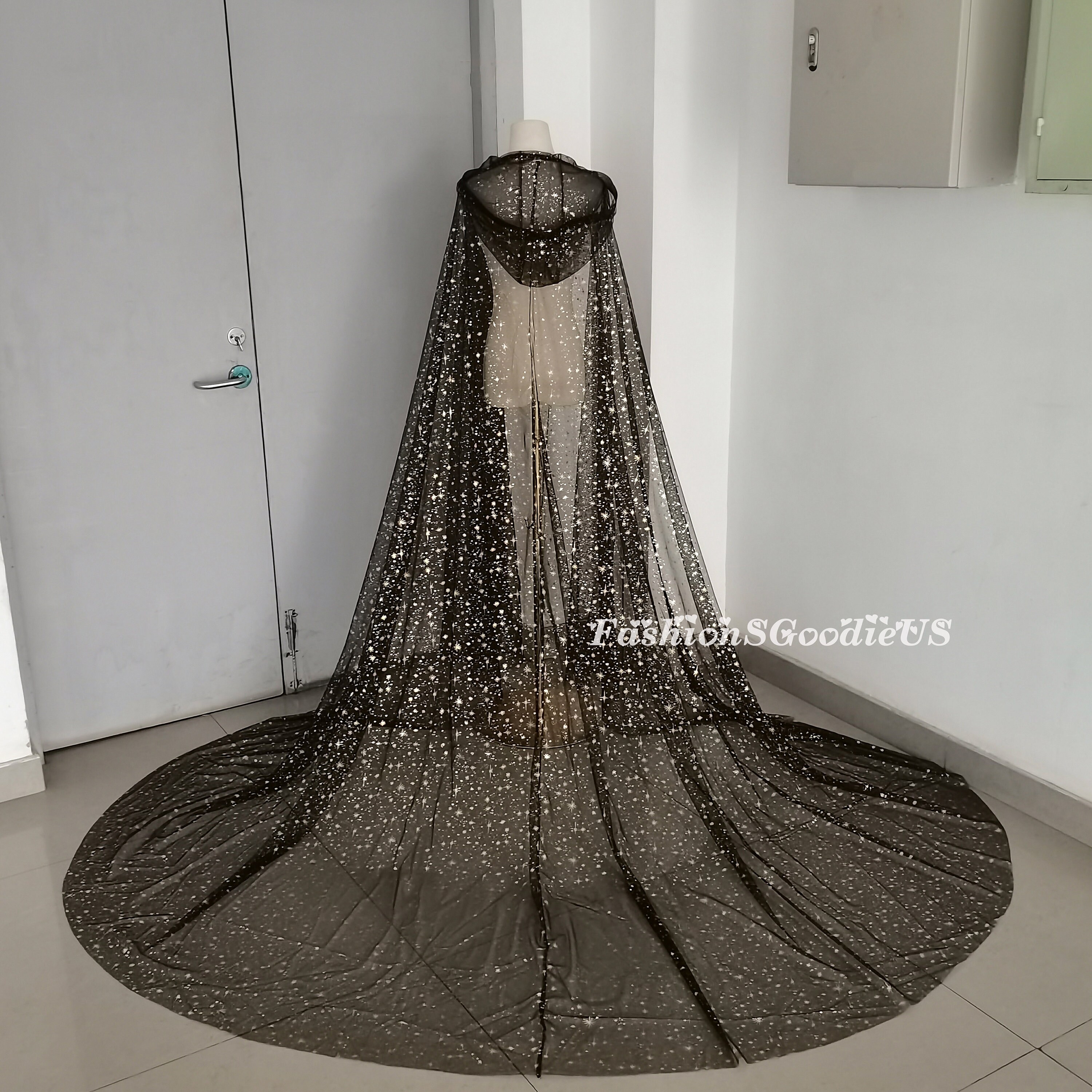 Gothic Black Cape, Gold Stars Cape, Gold Starry Black Hooded Cape Veil ...