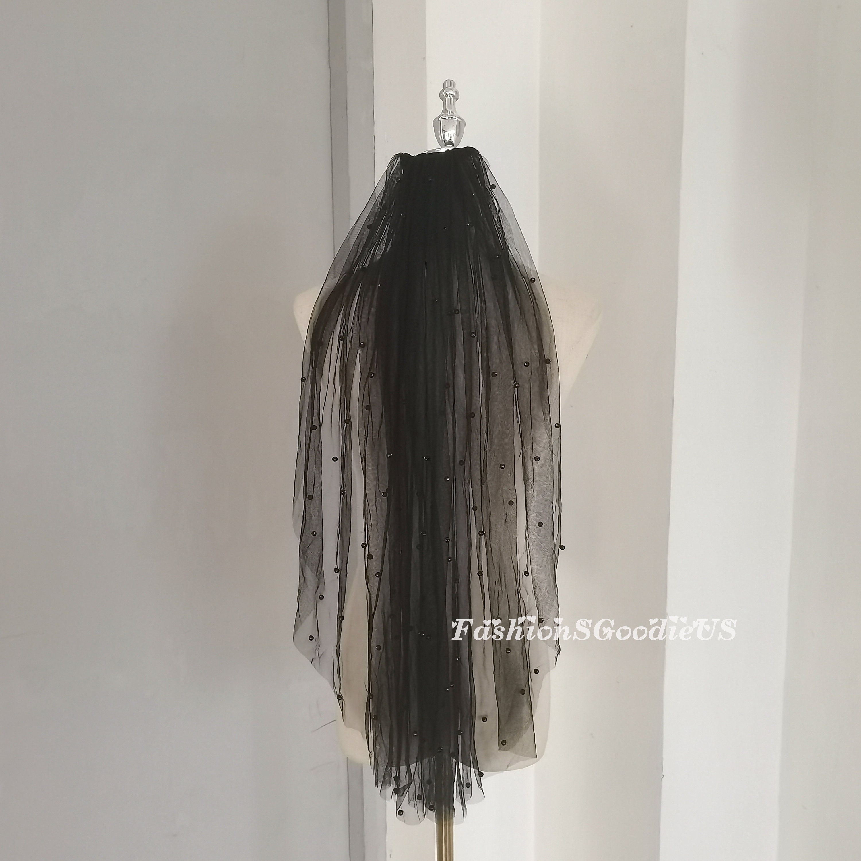 Black Tulle With Pearls Veil, Black Beading Bridal Veil, Elegant Veil ...