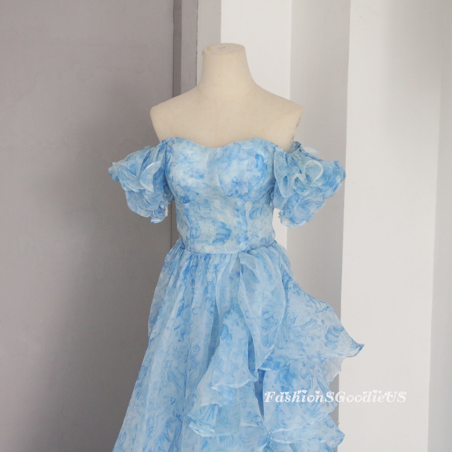 New Design Floral Organza Prom Dress, Blue Floral Split Prom Dress, A ...