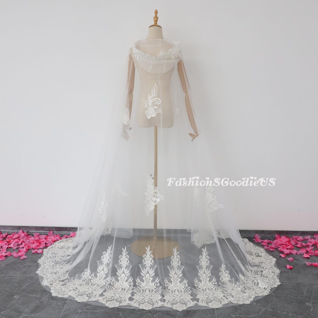 Flower Lace Wedding Cape Veil, Sparkly Sequined Lace Cape With Hood ...