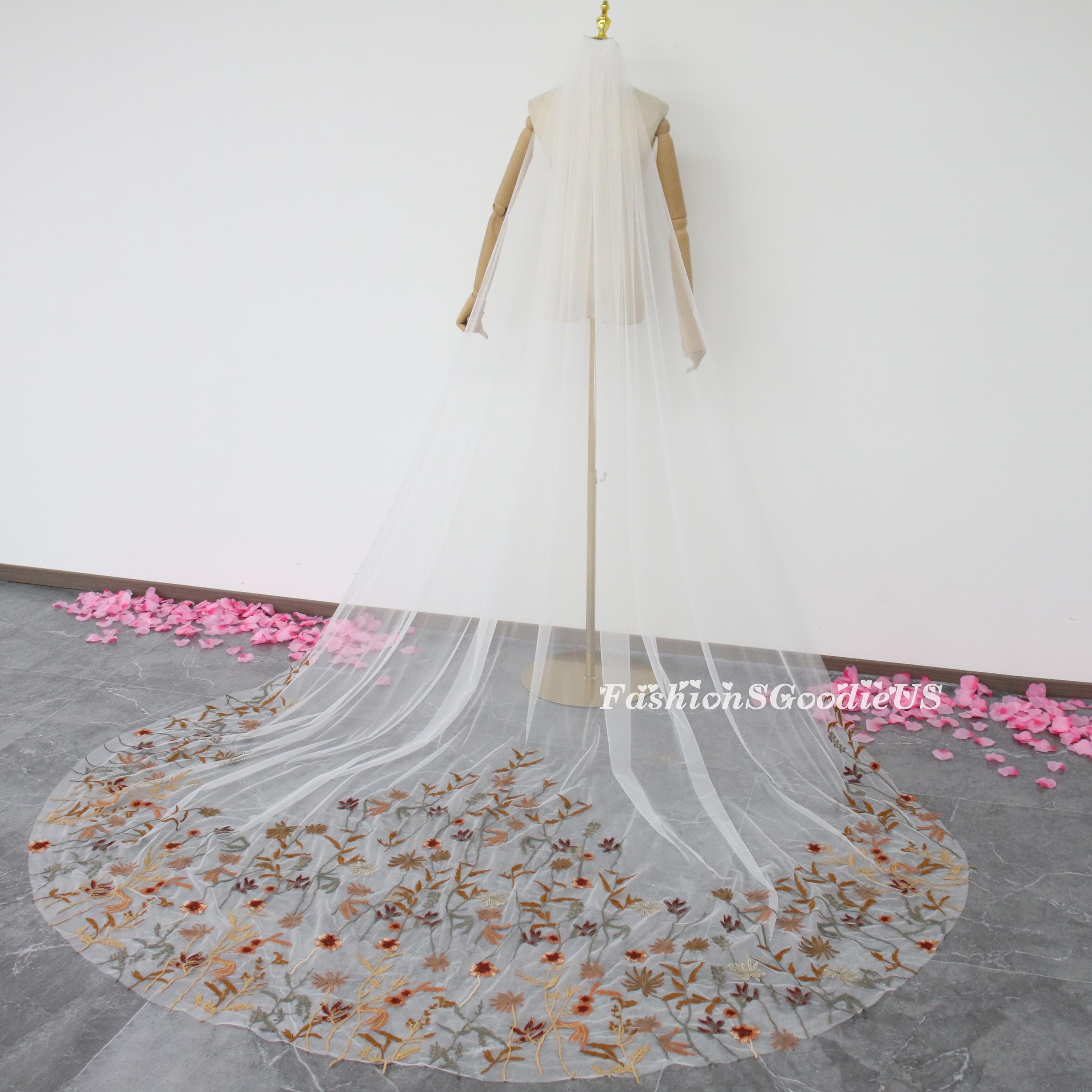 Burnt Orange Flower Lace Veil, Autumn Foliage Wedding Veil, Botanical ...