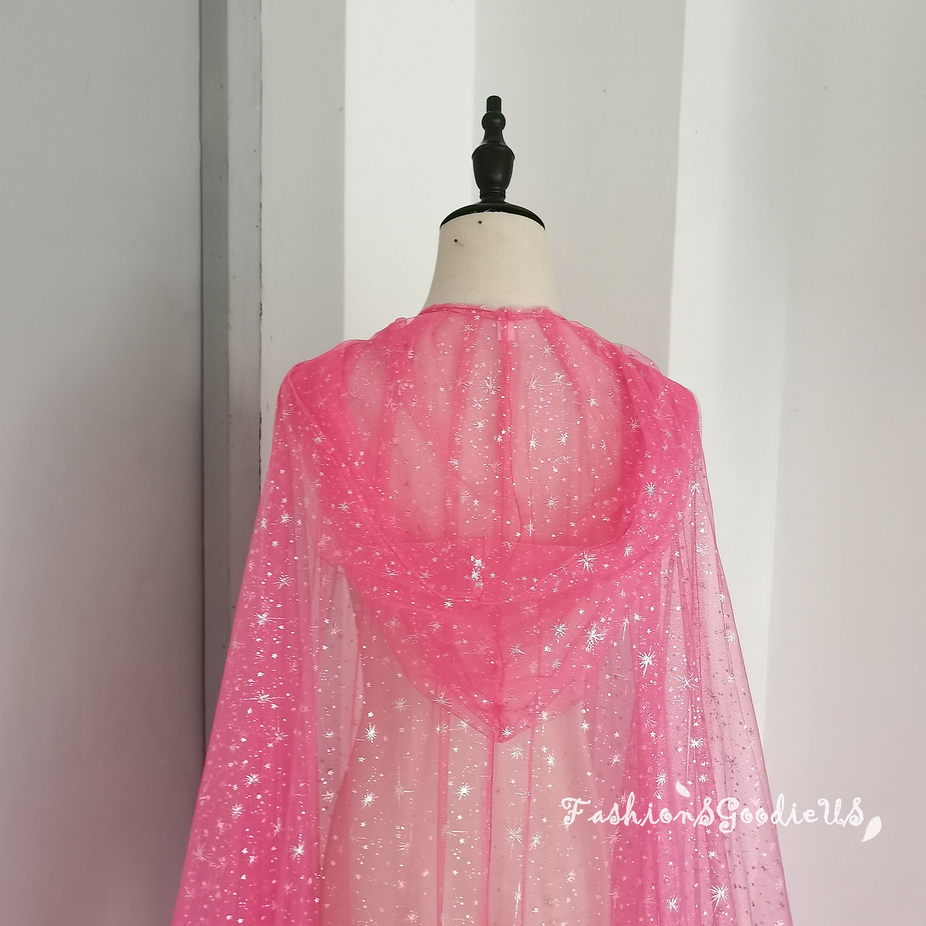 Pink Silver Stars Wedding Cape Veil, Sparkling Stars Cape Veil, Hooded ...
