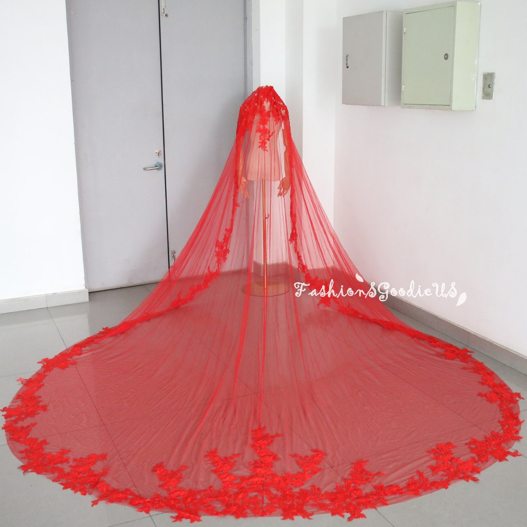 Vintage Red Flower Wedding Veil, Red Bridal Veil, Red Lace Wedding Veil ...